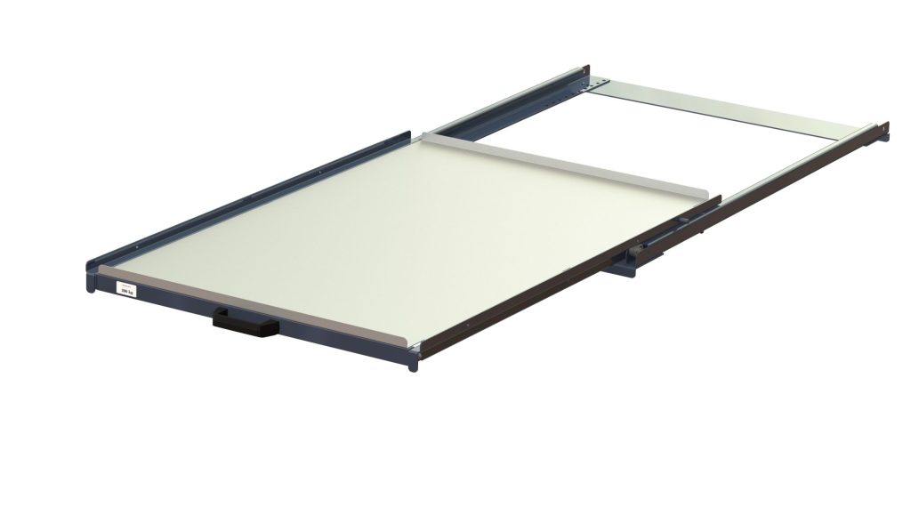 Pull-out unit for pallet rack with steel shelf panel with 70% extension ...